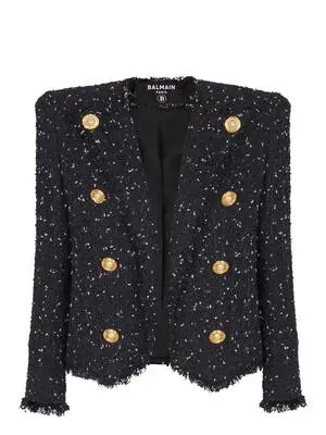 Balmain Cropped 8-button Polka-dot Tweed Jacket - Black