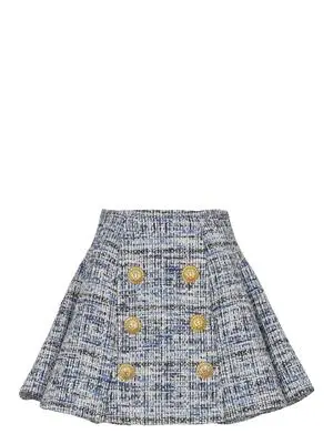 Balmain Pleated Flared Tweed Skirt - Blue