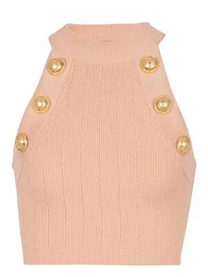Balmain Six-buttons Halterneck Knit Cropped Top - Beige