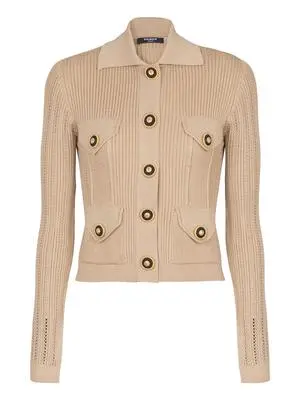 Balmain Cropped Ribbed Knit Cardigan - Beige