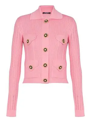 Balmain Cropped Ribbed Knit Cardigan With Openwork Details - Pink