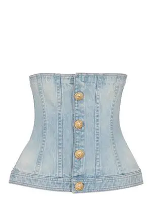 Balmain Buttoned Denim Corset Top - Blue