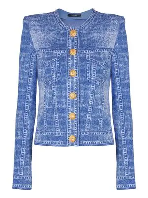 Balmain Jacquard Knit Cardigan With Denim Effect - Blue
