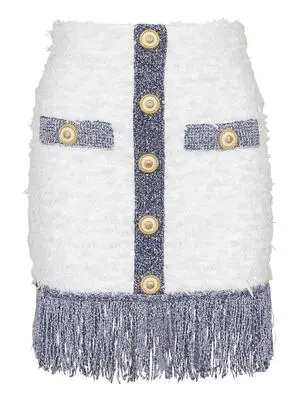 Balmain Glittered Fringed Tweed Skirt - White