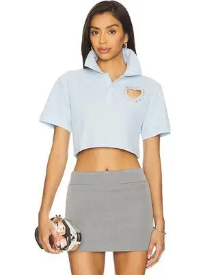 AREA Crystal Heart Cutout Cropped Polo Top - Baby Blue