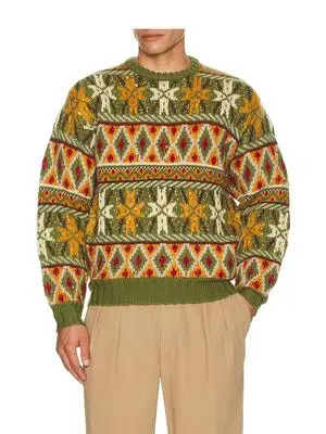 BEAMS Crew Fair Isle Pattern 3g Sweater - Green