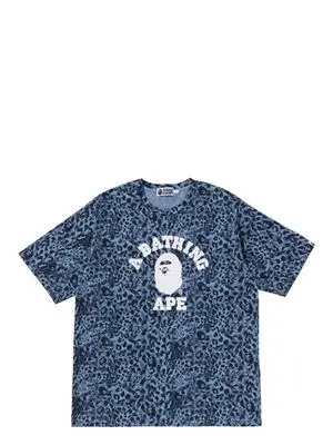 A BATHING APE Wild Leopard Pattern College Relaxed Fit Tee Shirt Navy Blue