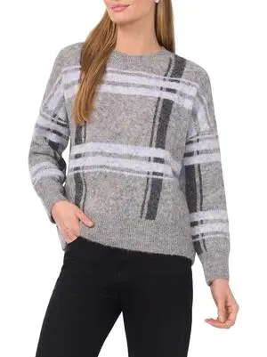 Halogen Plaid Jacquard Crewneck Sweater - Grey Seal Heather