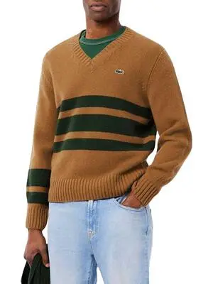 Lacoste Classic Stripe Wool V-neck Sweater - Date Brown/sinople