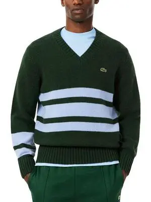 Lacoste Classic Stripe Wool V-Neck Sweater Sinople/overview