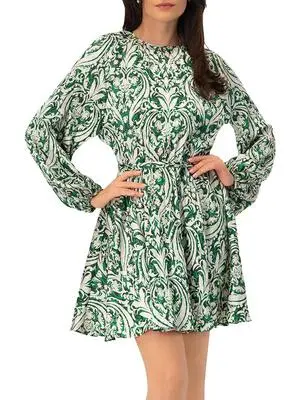 IVONNE Baroque Print Mini Dress With Belted Waist - Green
