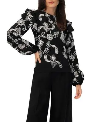 IVONNE Blouse With Embroidery And Ruffle Detail - Black