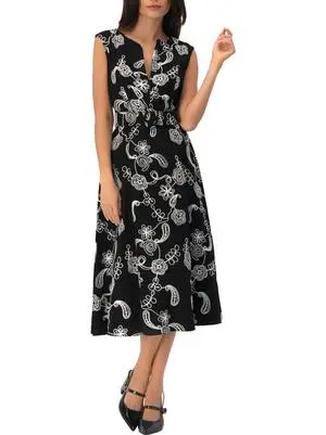IVONNE Embroidered Belted Midi Dress - Black