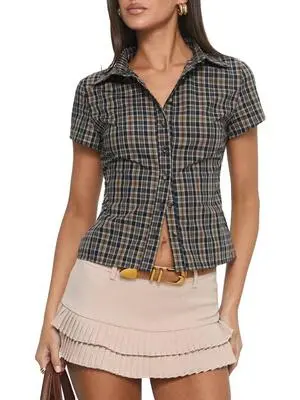 Princess Polly Plaid Cotton Button-up Shirt - Blue