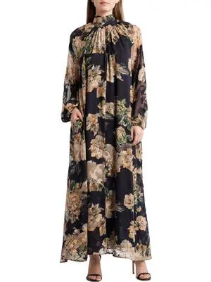 MELLODAY Botanical Tie-neck Maxi Dress - Black Peach Floral