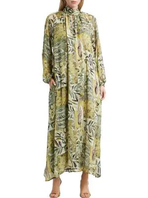 MELLODAY Botanical Tie-neck Maxi Dress - Green Multi Abstract