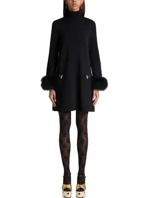 Valentino Garavani Feather Trim Long Sleeve Sweater Minidress - Black