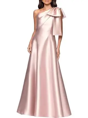 Betsy & Adam Bow Detail One-shoulder Mikado Gown - Blush