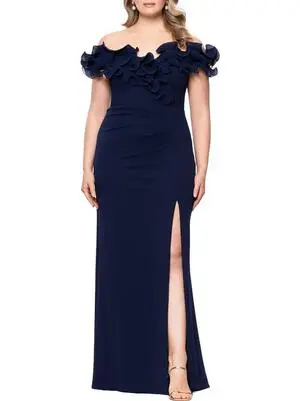 XSCAPE EVENINGS Ruffle Scuba Knit Sheath Gown Navy