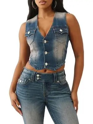 True Religion Cropped Denim Vest - Tinted Medium Wash