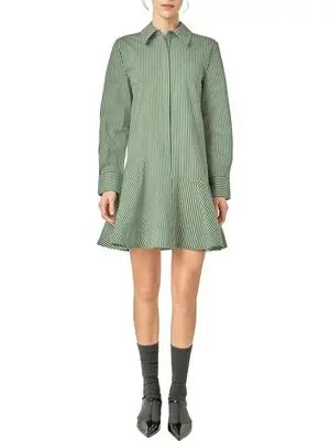 English Factory Stripe Ruffle Hem Shirt Dress - Dark Olive