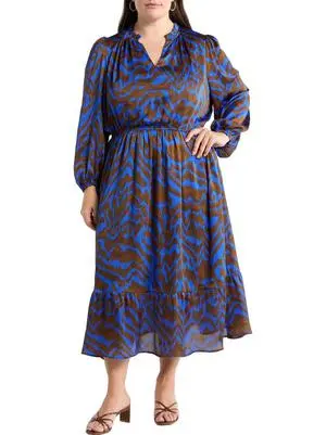 SUGARLIPS Krista Abstract Fabiola Long Sleeve Satin Midi Dress - Brown/blue Multi