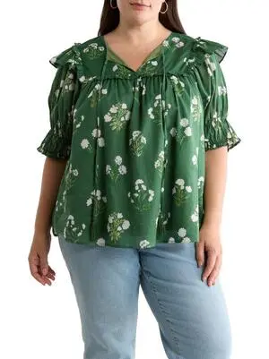 SUGARLIPS Kestrel Auria Floral Ruffle Puff Sleeve Top - Cream-green