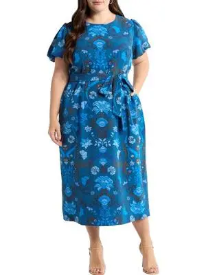 SUGARLIPS Palmate Floral Senidy Puff Sleeve Maxi Dress - Teal-blue