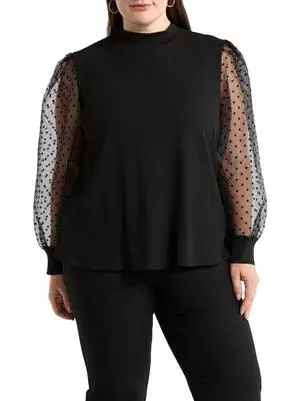 SUGARLIPS Swiss Dot Chiffon & Rib Top - Black