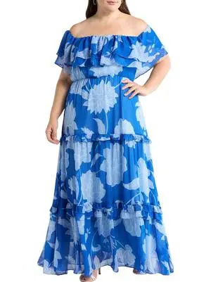SUGARLIPS Floral Off-the-shoulder Maxi Dress - Cobalt-blue