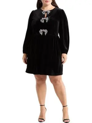 SUGARLIPS Velvet Long Sleeve Mini Dress With Bows - Black