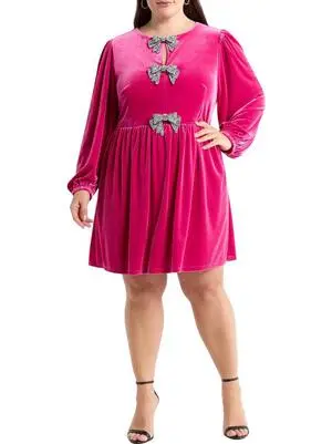 SUGARLIPS Velvet Long Sleeve Mini Dress With Bows - Hotpink