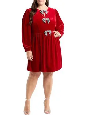SUGARLIPS Velvet Long Sleeve Mini Dress With Bows - Red
