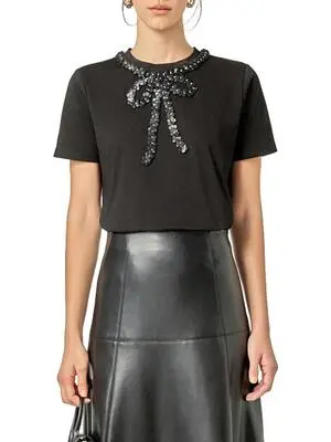English Factory Embellished Floral Bow Top - Black