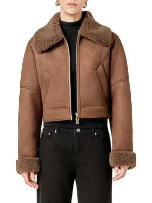 English Factory Faux Shearling Trim Moto Jacket - Brown
