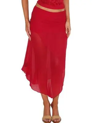 TIGER MIST Asymmetric Hem Mesh Skirt - Red