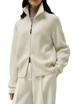 Lilysilk Ribbed-Knit Turtleneck Zip Cardigan White