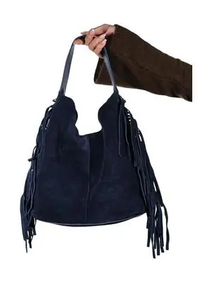 FOREVER & ALWAYS SHOES Vals Leather Shoulder Bag Navy Suede