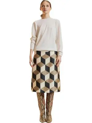 Cynthia Rowley Geometric Silk-wool Blend Midi Skirt - Geo Black/camel Combo