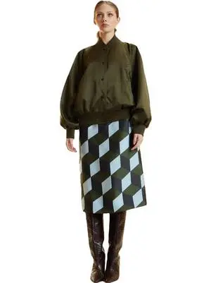 Cynthia Rowley Geometric Silk-wool Blend Midi Skirt - Geo Green/blue Combo