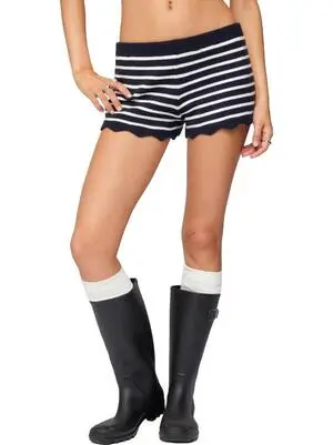 EDIKTED Striped Knit Scalloped Hem Shorts - Navy And White