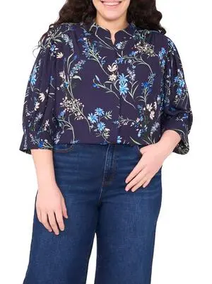 CECE DUPRAZ Split Neck Printed Top - Classic Navy