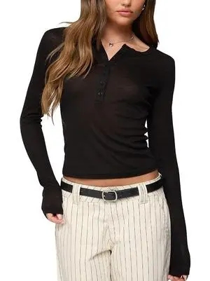EDIKTED Nettie Ribbed Henley Top - Black
