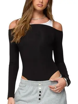 EDIKTED Layered Ribbed Off Shoulder Bodysuit - Black