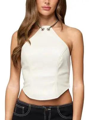 EDIKTED Faux Leather Halter Top - Ivory