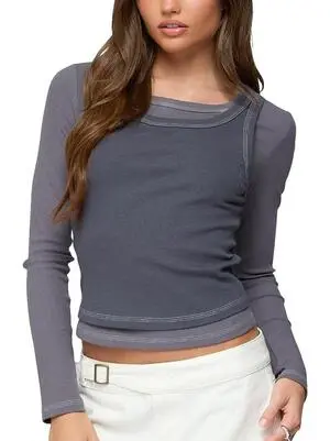 EDIKTED Zane Contrast Layered Long Sleeve Top - Gray