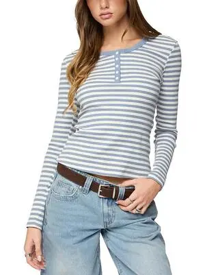 EDIKTED Roma Striped Henley Top - Blue