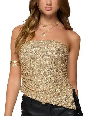 EDIKTED Sequin Asymmetric Slit Strapless Top - Gold