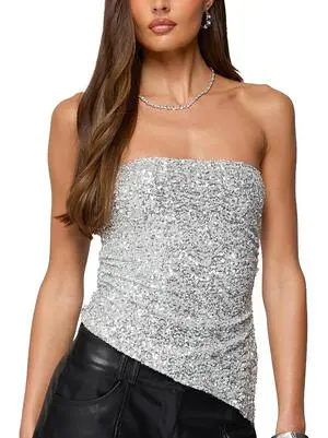 EDIKTED Sequin Strapless Top With Asymmetric Slit - Silver
