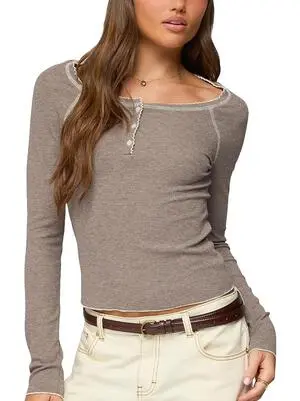 EDIKTED Contrast Stitch Henley Top - Brown